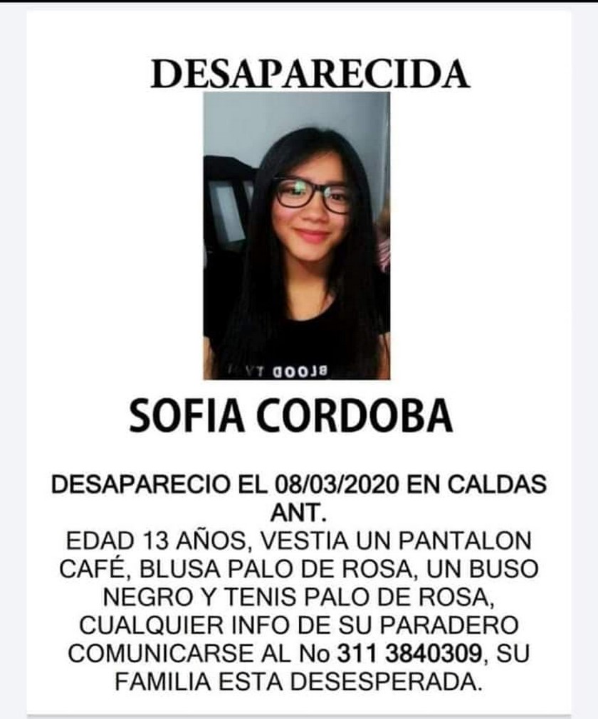 VIDEO: Sofía Córdoba, de 13 años, desapareció el domingo en Caldas, su familia la busca ...