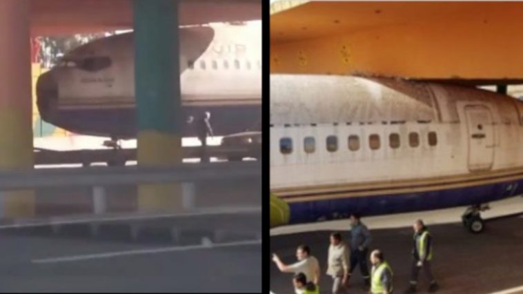 VIDEO. Avión quedó atascado bajo un puente cuando era trasladado