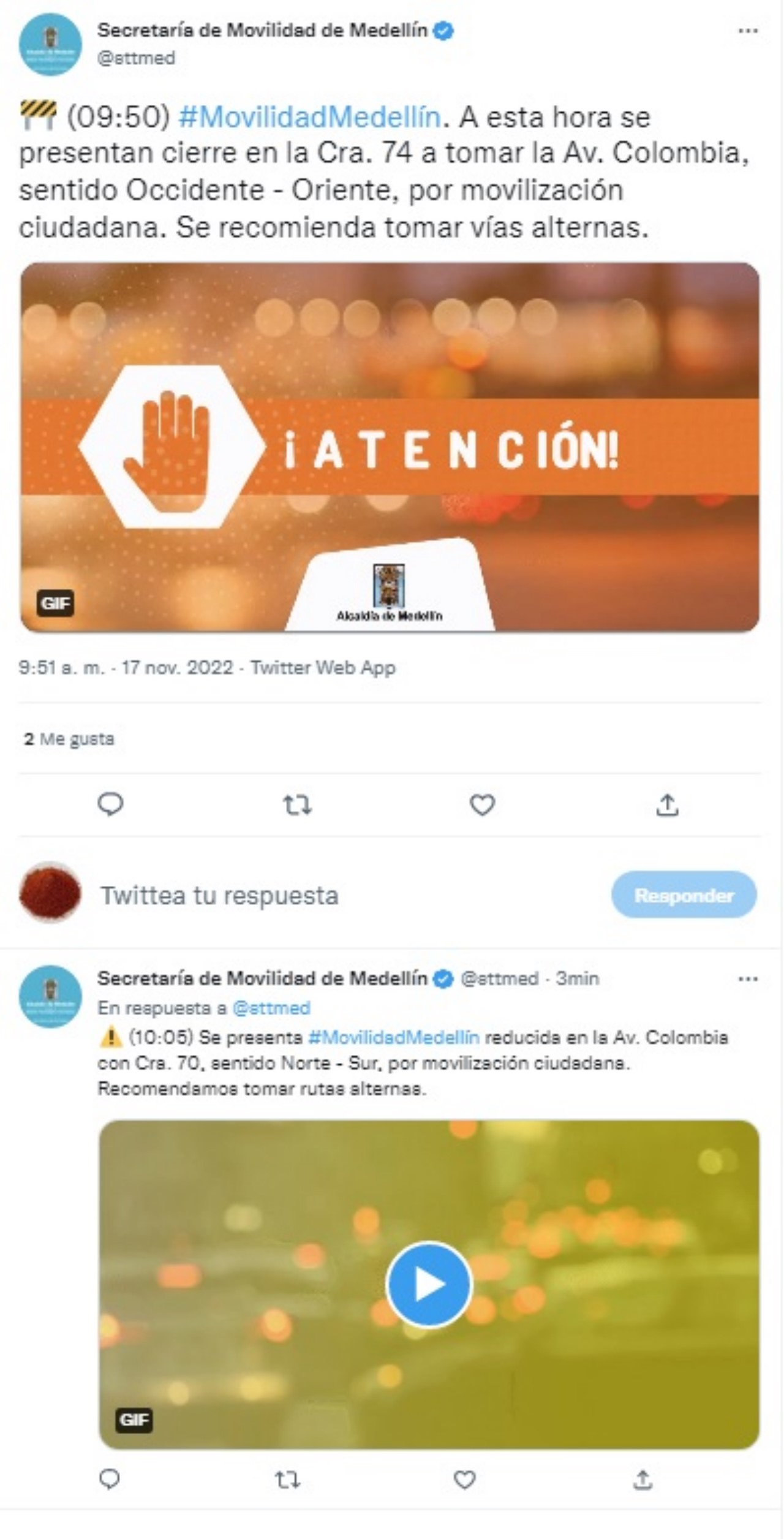 Vías cerradas en Medellín por movilización ciudadana