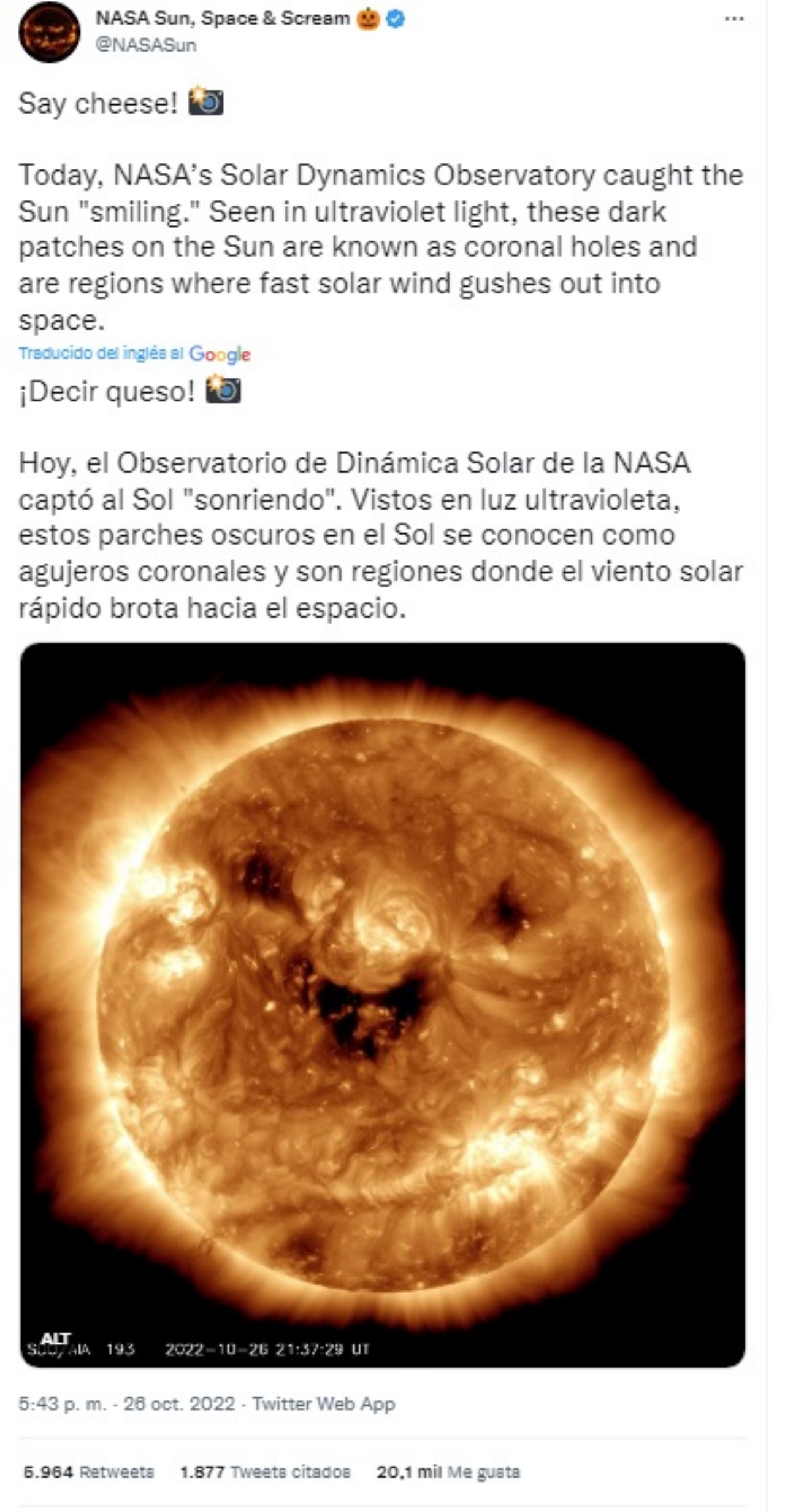 La NASA captó al Sol "sonriendo"