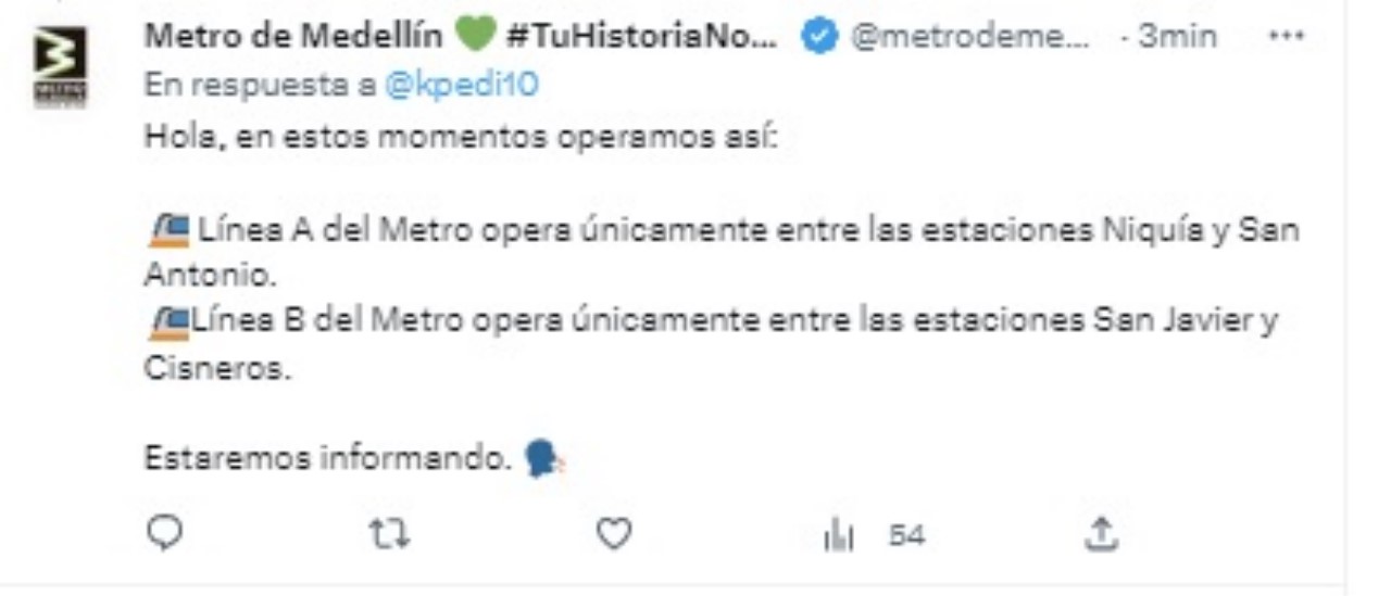 Líneas A y B del Metro de Medellín solo opera entre estas estaciones