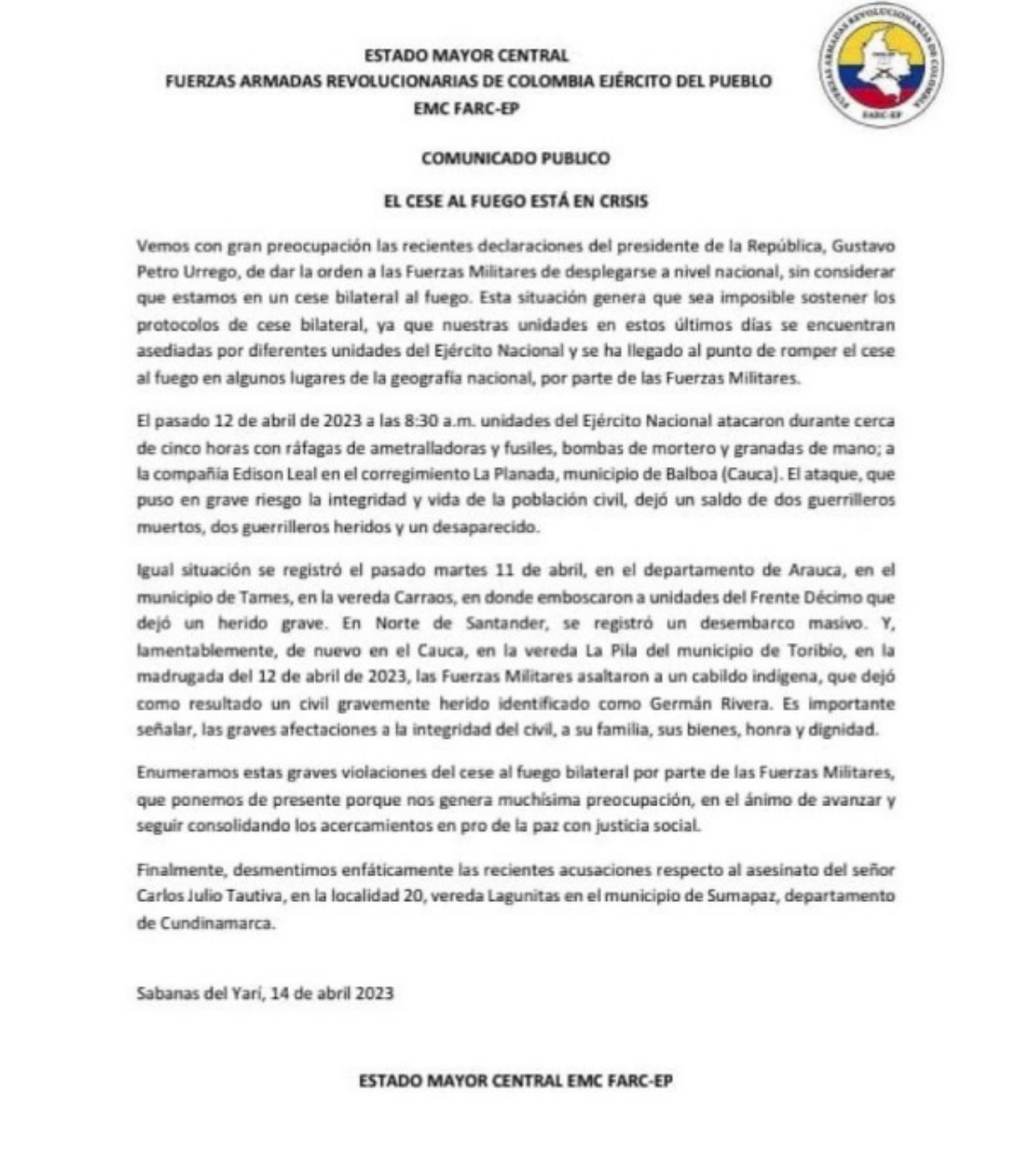 Disidencias de ‘Iván Mordisco’ dicen que cese al fuego está en riesgo