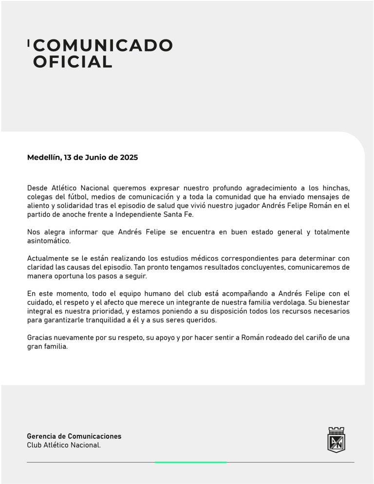 Atlético Nacional entrega parte médico oficial sobre la salud de Felipe ...