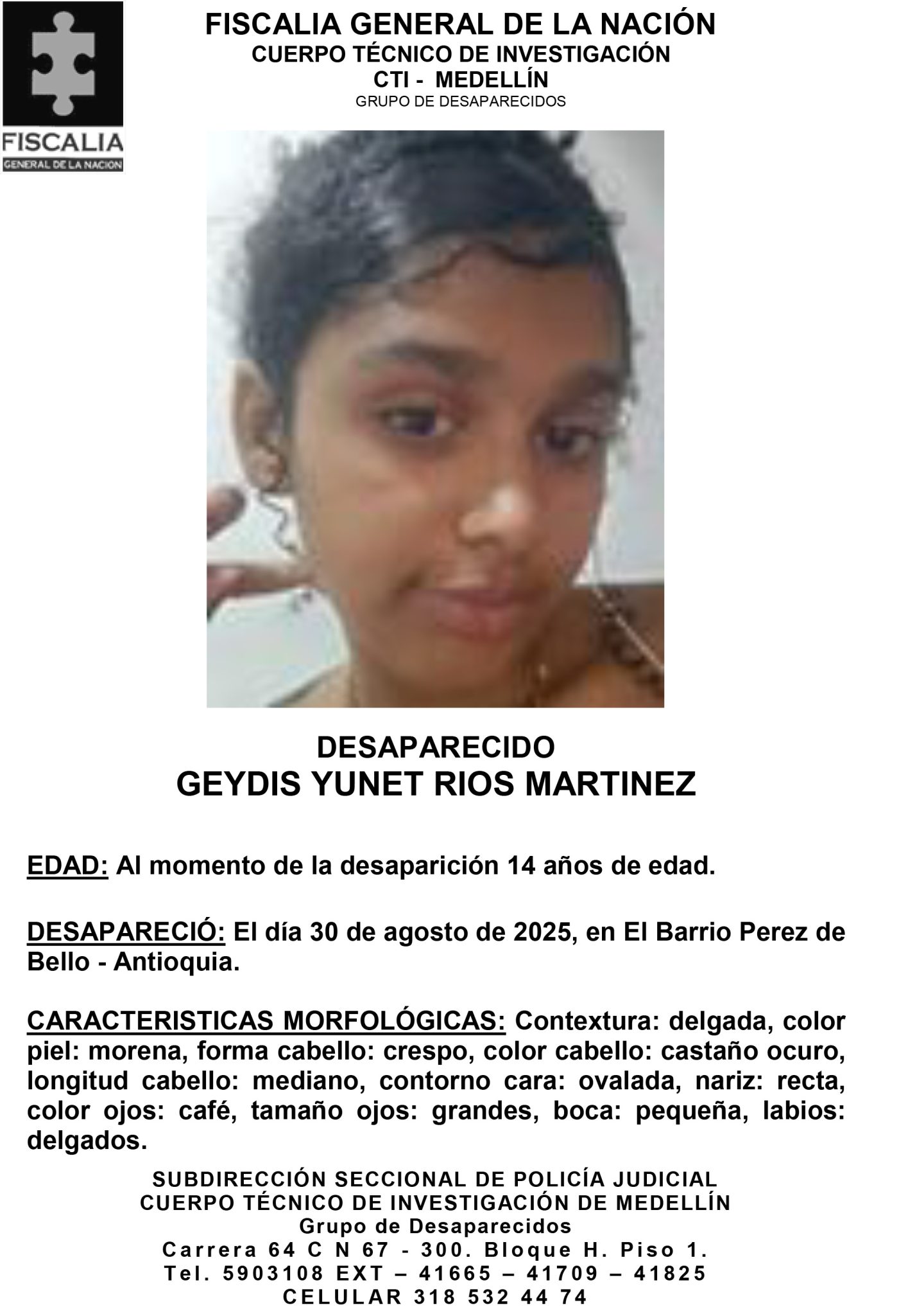 La menor Geydis Yunet Ríos desapareció en Bello | Minuto30